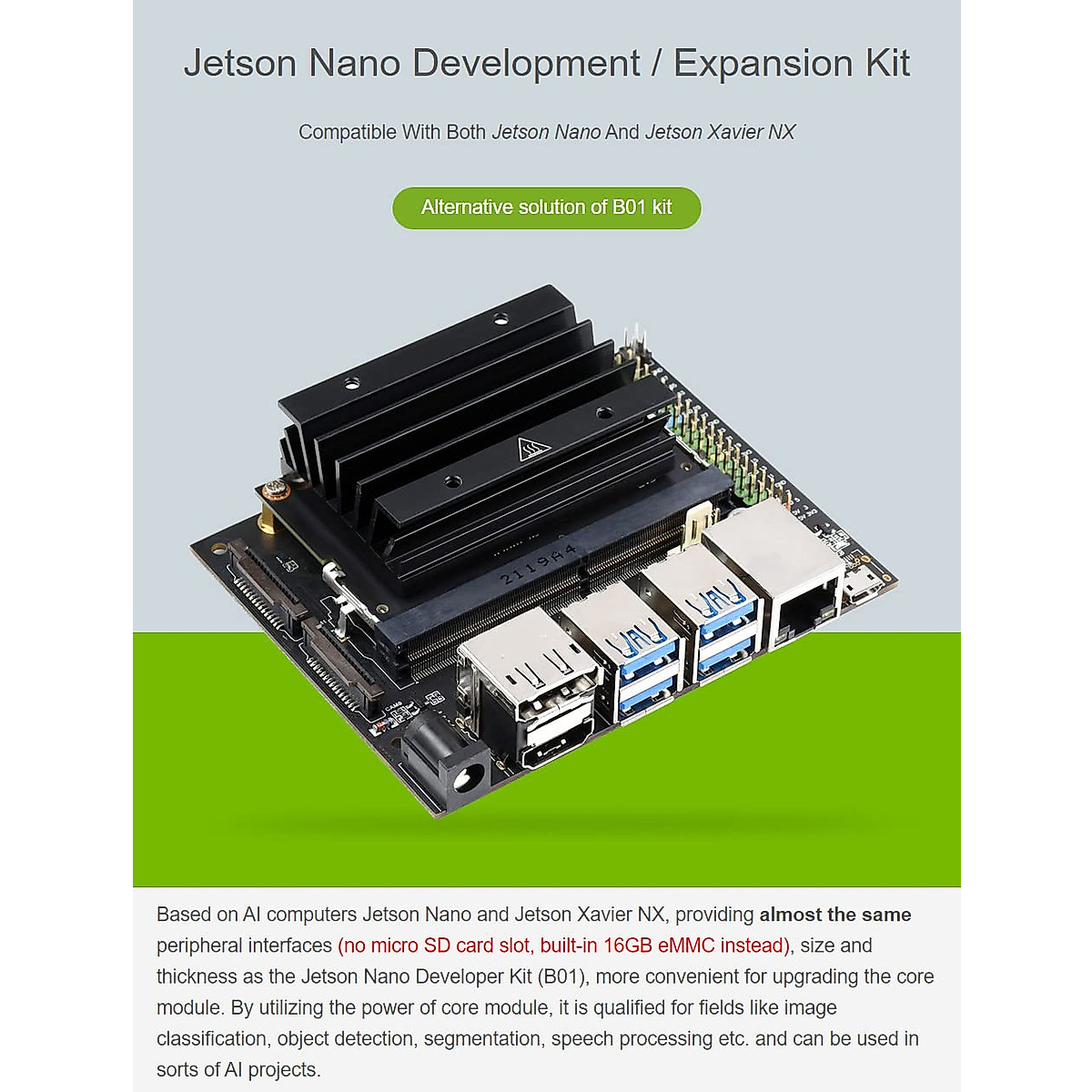 Waveshare Jetson Nano 4GB Development/Expansion Kit Alternative Solution of B01 Kit with Carrier Board Only Compatible with Both Jetson Nano and Jetson Xavier NX