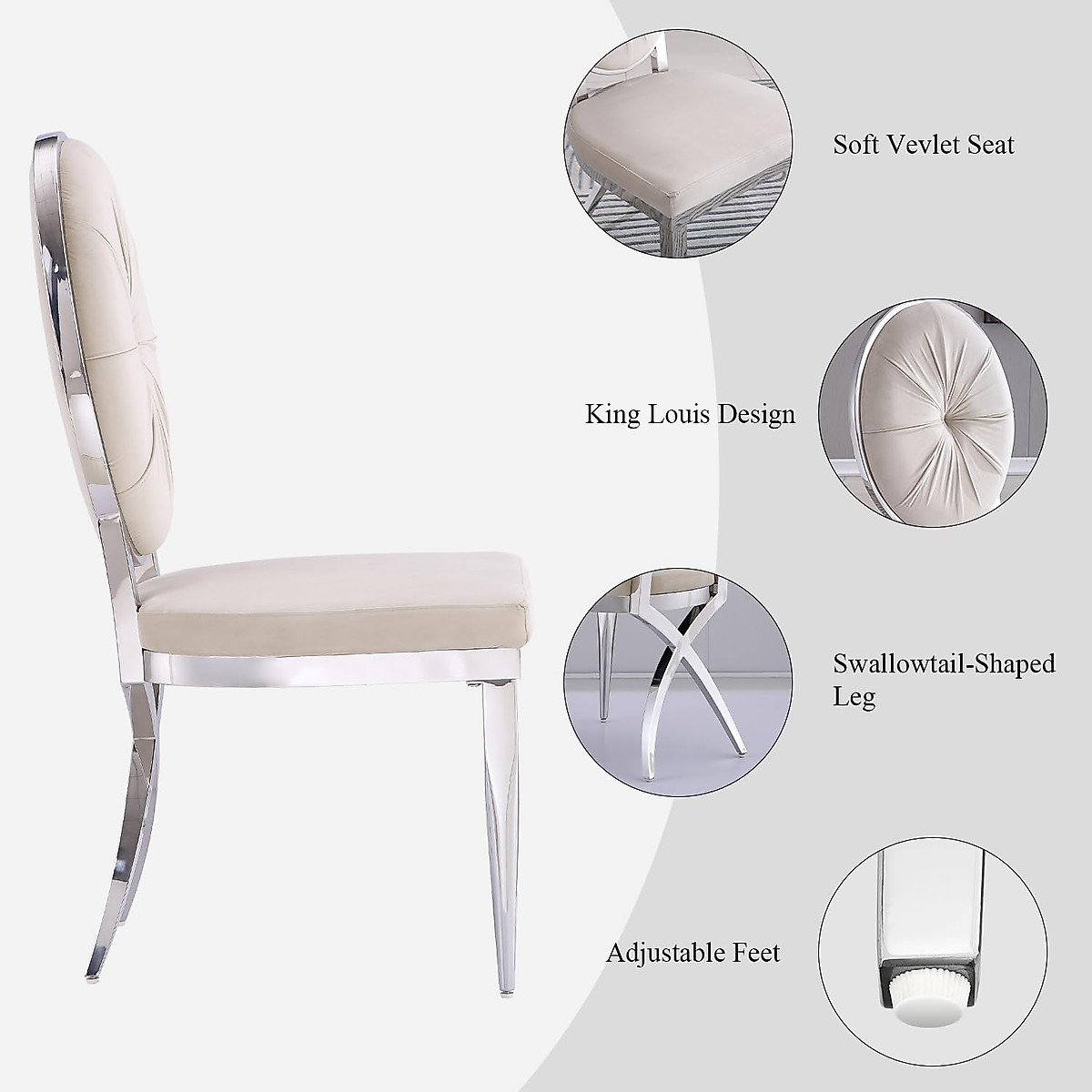 Asday Beige Dining Chairs Set of 2, Beige Velvet with Sliver Polished Metal Legs Dining Room Chiars, Upholstered Kitchen Chairfor Living Room, Dinning Room, Office(Set of 2)