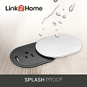Link2Home Space Saver Grommet Socket with USB, 1 Power Outlet 15A, 1 USB Port 2.4A Fast Charge, Splash Resistant, and Stainless-Steel Finish