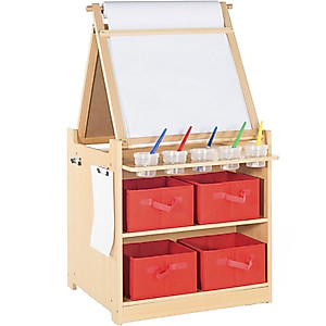 Guidecraft Desk to Easel Art Cart - Folding Art Easel for Kids, Craft Storage Center with Chalkboard and Whiteboard | Toddler Art and Activity Desk with Fabric Storage Bins | Wooden Classroom Easel