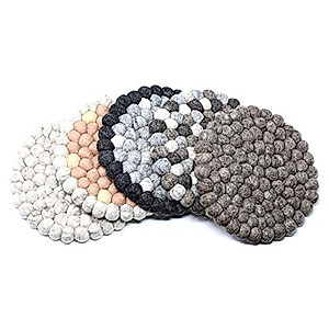 Global Crafts Hand Crafted Felt Ball Wool Trivet Mat from Nepal, 8" Round Pad, Dark Grey