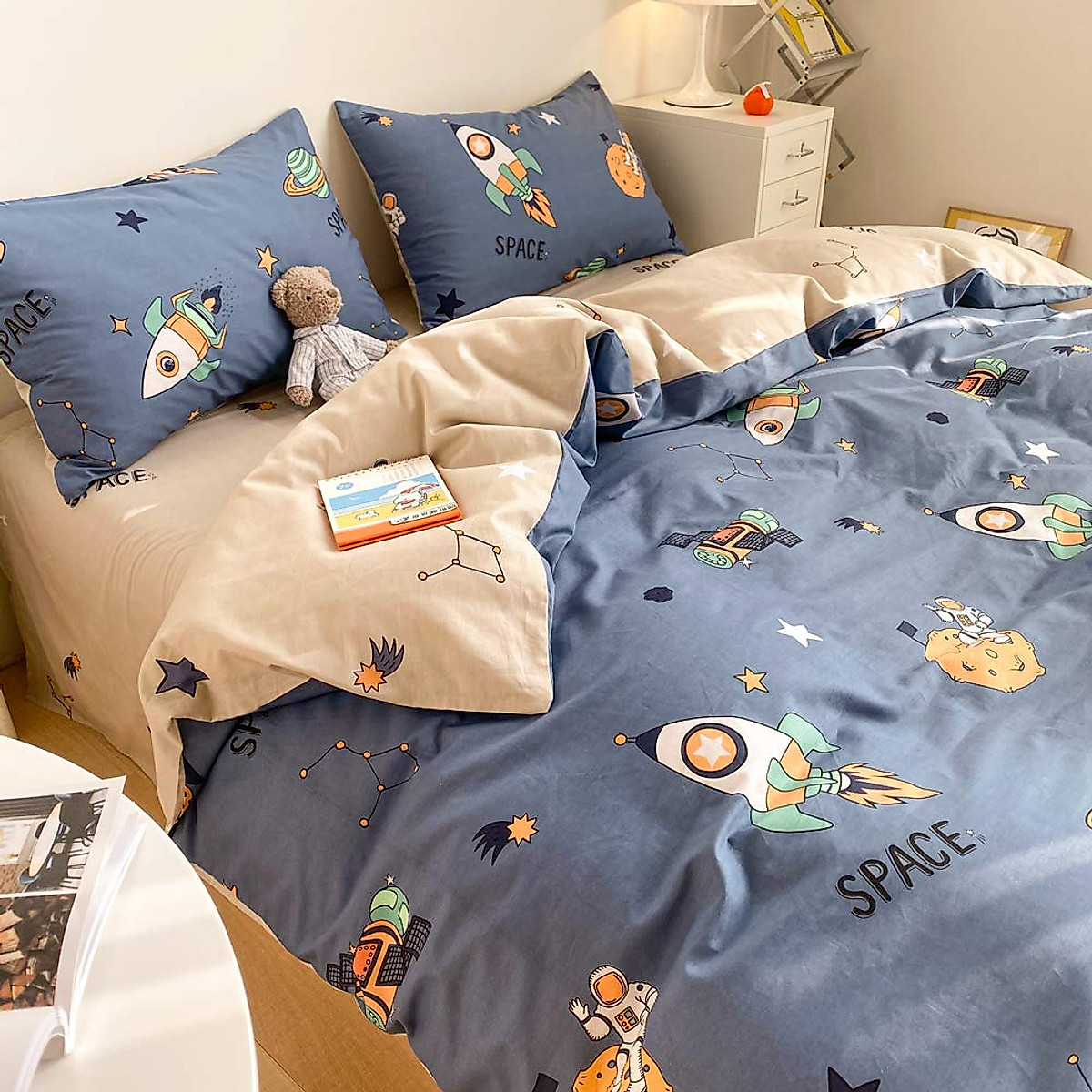 BlueBlue Astronaut Duvet Cover Set Twin 100% Cotton Bedding for Kids Boys Girls Teens Space Galaxy Rocket Star Constellation on Navy Blue 1 Cartoon Comforter Cover Zipper Ties 2 Pillowcases Twin