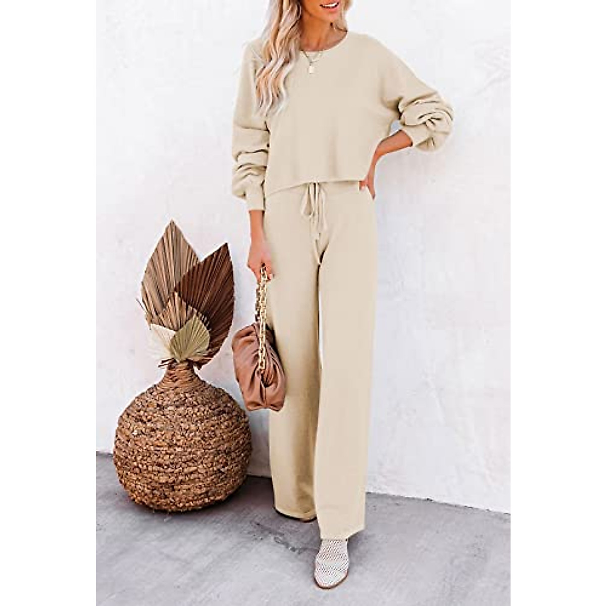 Pink Queen Women's 2 Piece Knit Sweatsuit Puff Sleeve Cropped Sweater Top and Long Pants Tracksuit Lounge Set Beige XL