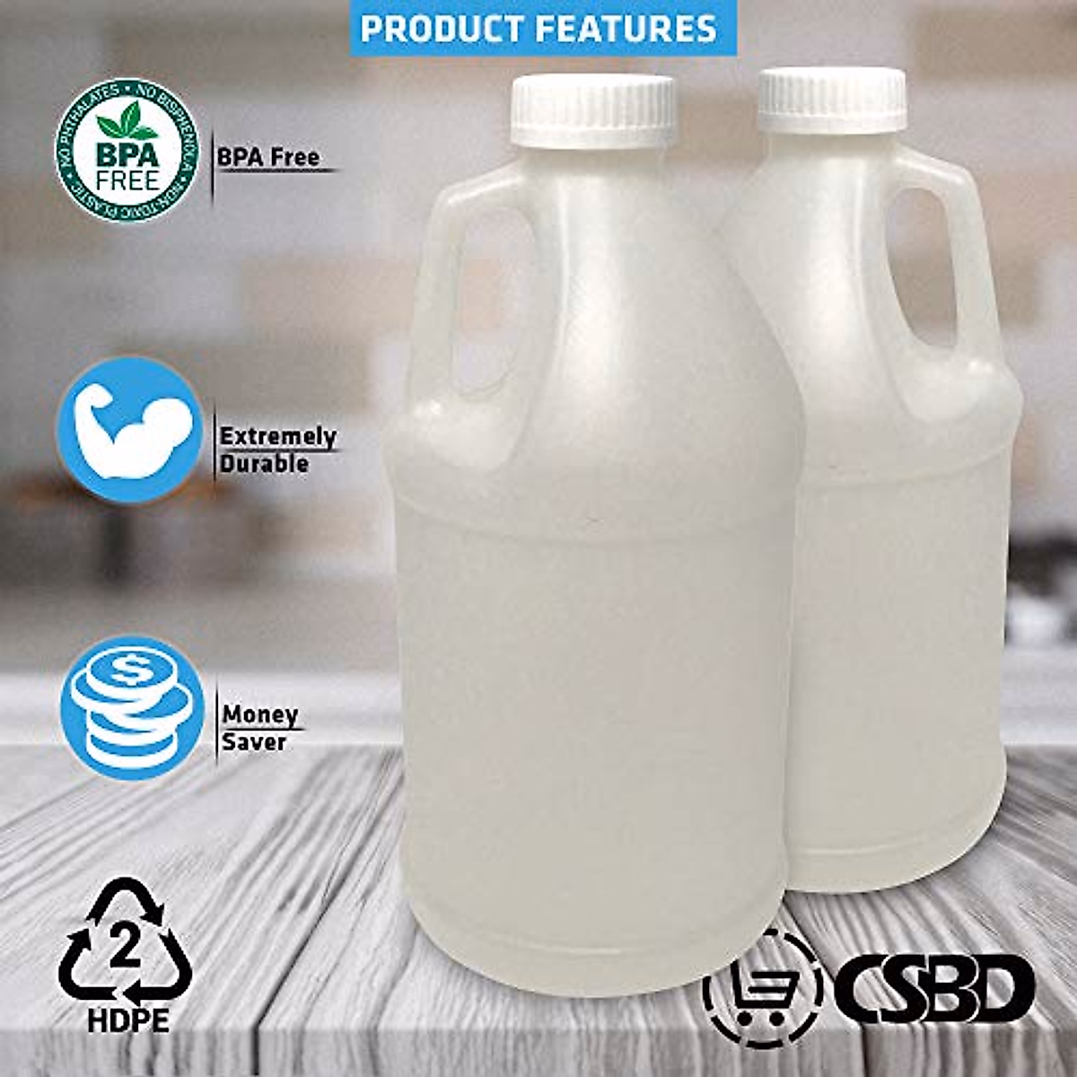 CSBD Clear Plastic Jugs with Child Resistant Lids, 2-Pack, Storage Containers with Ergonomic Handle, HDPE Construction for Residential or Commercial Use, 1/2 Gallon