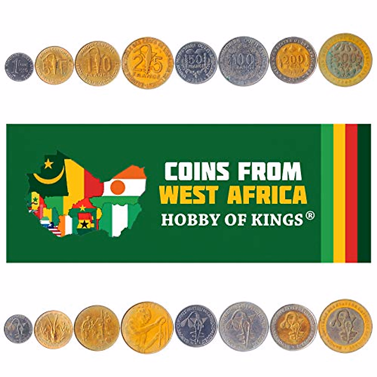 8 Coins from Western African States | West African Coin Set Collection 1 5 10 25 50 100 200 500 Francs | Circulated 1976-2021 | Nuts | Gazelle | Sawfish | Banana | Corn