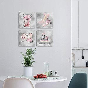 Wall Art Prints Pictures Pink Wall Decor for Bedroom Women Perfume Artwork Girl Bag Paintings for Wall Decorations 10"x 10"x 4 Pieces