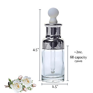 Luxury Clear Glass Dropper Bottles - Thick 2oz (50ml) Leakproof Eye Dropper Bottles for Essential Oils, Perfumes, Face Serums, Beauty & Personal Care, Tinctures, Travel (2oz. Silver)