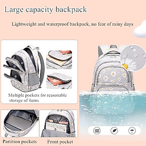 YJMKOI 3Pcs Daisy Prints Backpack for Girls Middle-School Elementary Students Bookbag Set with Lunch Box (Grey)