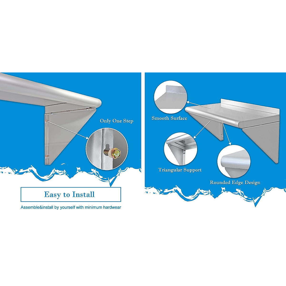 STEELBUS 12''x24'' - 2PACKS Wall Mounted Stainless Steel Shelf NSF Commercial Metal Wall Mount Floating Shelving for Kitchen, Restaurant, Food Truck,Garage,Home&Hotel