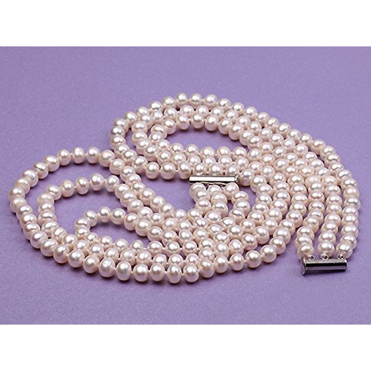 Womens 3-row 8-9mm Flatly-round Freshwater Cultured Pearl Necklace 16"