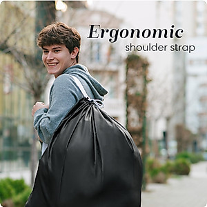 Shoulder Strap Laundry Bag - Drawstring Locking Closure, Durable Nylon Material, Large Capacity, Heavy Duty Stitching, Hands Free Carrying, Perfect for Laundromat or College Dorm. (Black | 30" x 40")