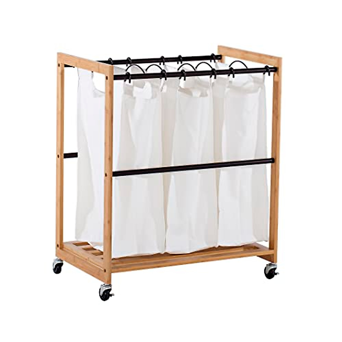 TRINITY 3-Bag Bamboo Laundry Cart, Laundry-Room Organization and Dirty Clothes Hamper with Wheels for Bedroom, Closet, Dorm Room and More, Bronze Poles