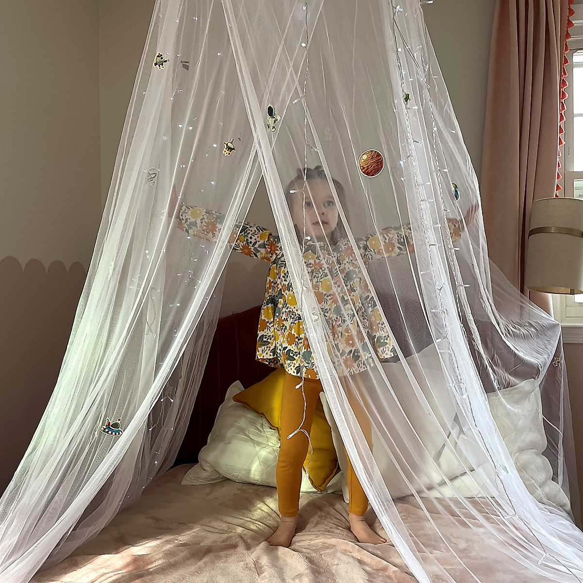 NFGMFMQSHDF Bed Canopy with Glow in The Dark Spaceworld, Modern White Bed Curtain for Girls, Kids & Babies, Fire Retardant Fabric