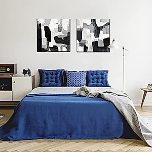 Pigort Black and White Abstract Hand-Painted Wall Art Decor - 2 Piece Set, Grey Decorative Framed Black & White Abstract Canvas Art for Living Room, Bedroom, Office Home Decor & Gift 24x24Inch