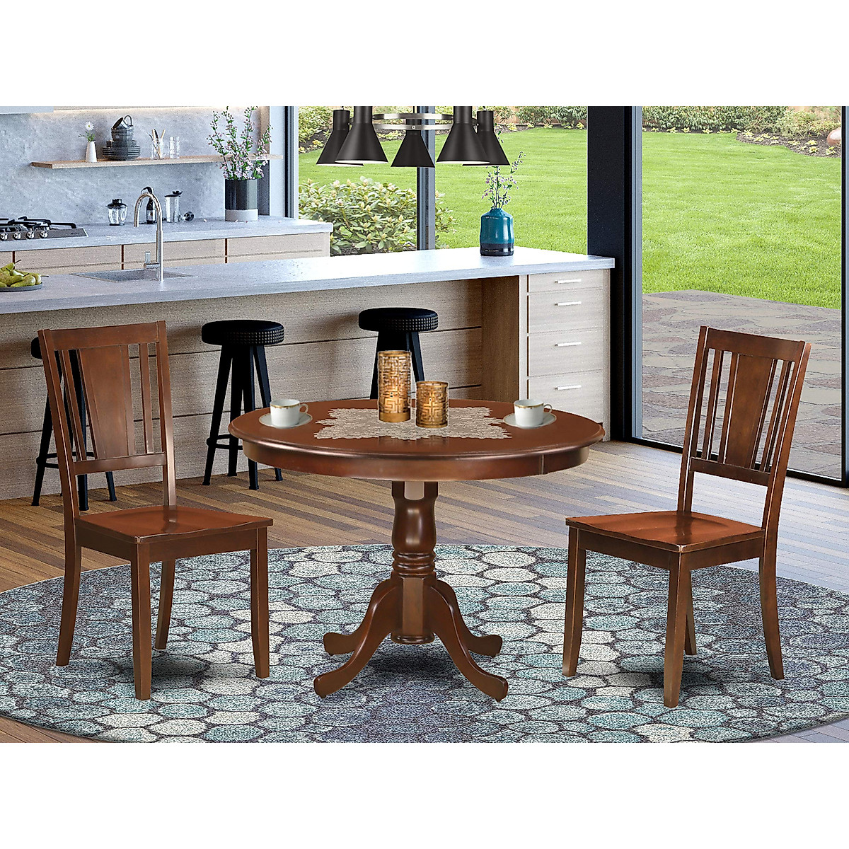 East West Furniture HLDU3-MAH-W 3 Piece Dining Set Contains a Round Dining Room Table with Pedestal and 2 Kitchen Chairs, 42x42 Inch, Mahogany