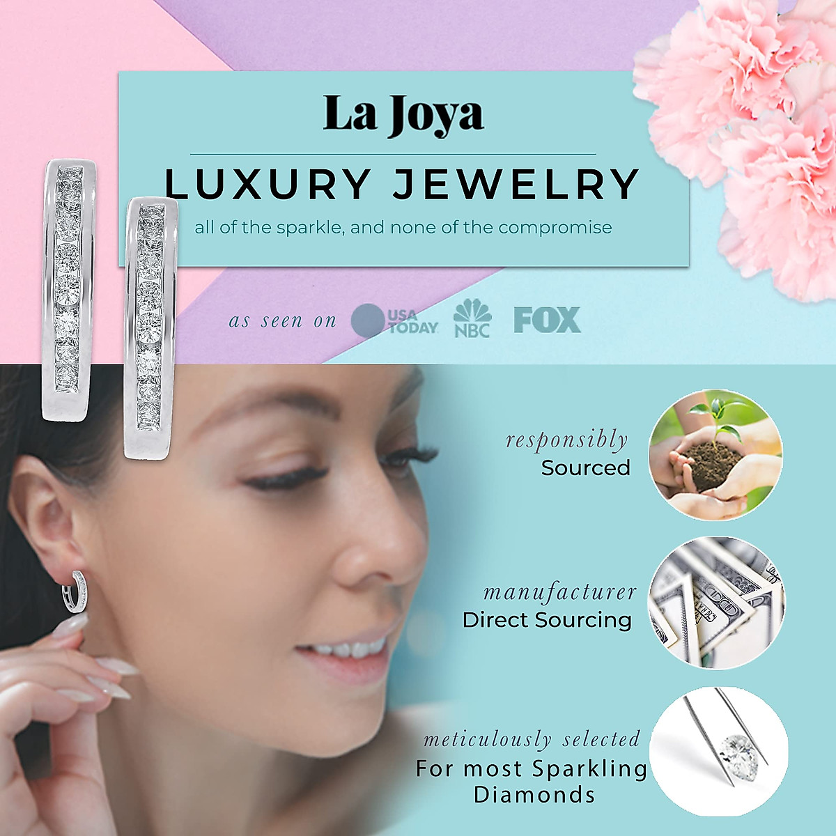 La Joya 1/4 CT Lab Grown Diamond Hoop Earrings for Women | Real 925 Sterling Silver Diamond Huggies Earrings for Women | Ideal Gift also as Diamond Hoop Earrings for Men