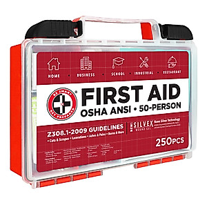 Be Smart Get Prepared OSHA/ANSI First Aid Kit - 50 Person, 250 Pieces - Designed for Home, Business, School, Industrial, and Restaurants - Compact & Portable