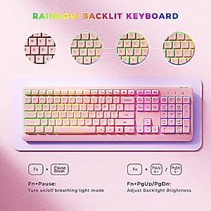 Wireless Keyboard and Mouse Combo Backlit, seenda Rechargeable Full-Size Illuminated 2.4Ghz Silent Keyboard and Mouse for Computer/Laptops/Windows/Gaming, Ice Pink
