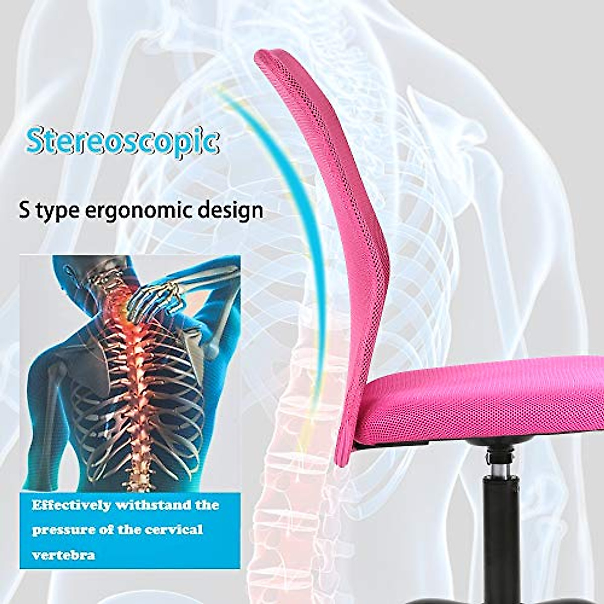 Best Home Product Ergonomic Mesh Office Chair No Arms, Desk Chairs Back Support for Girls Room, Middle Back Rolling Computer Chair, Adjustable Height Task Swivel Chair Pink