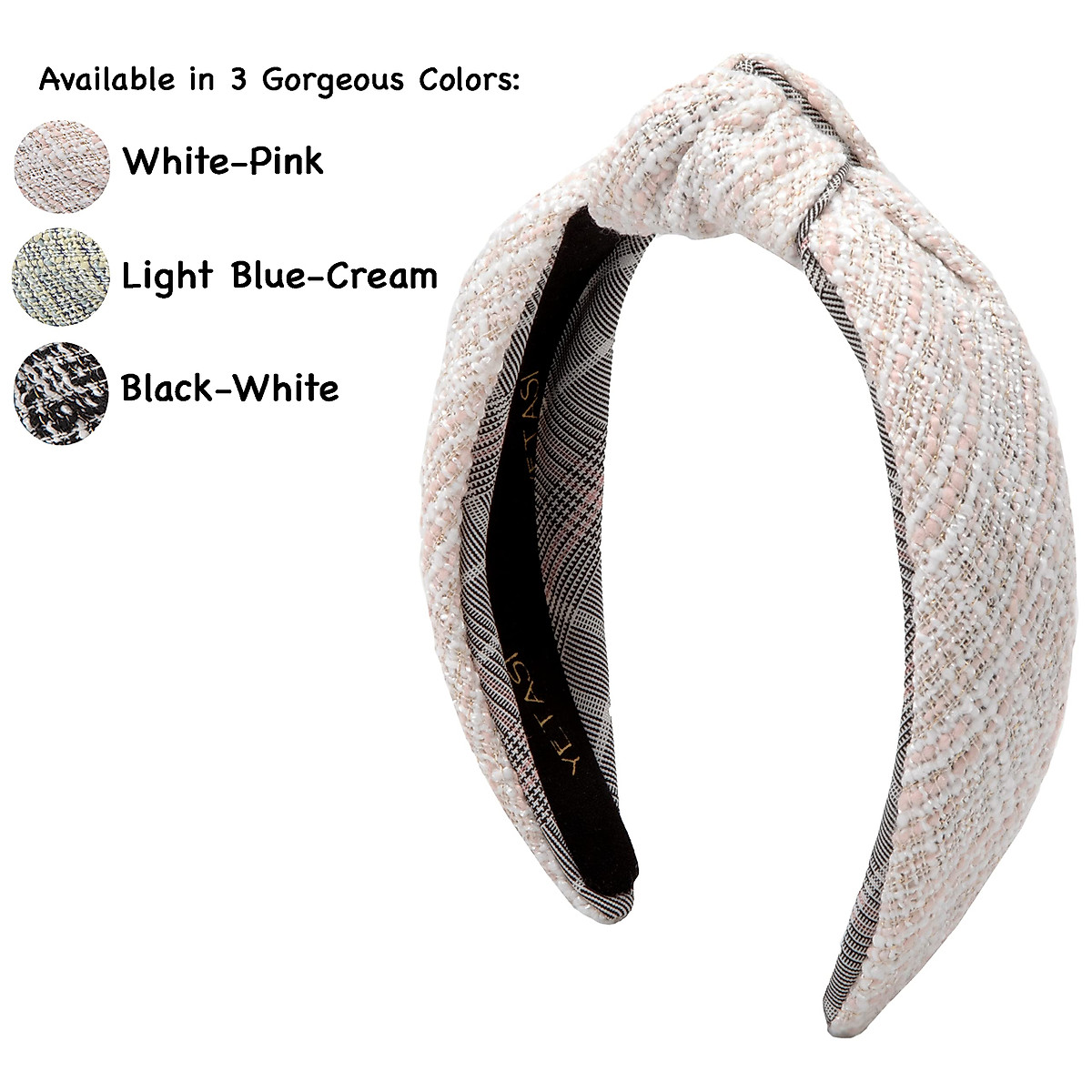YETASI Tweed Off White Knotted Headband for Women with Hints of Pink and Gold Threading is Unique. White Headbands for Women with Knot