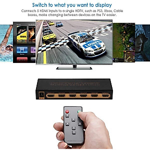 4K@60Hz HDMI Switch 5 Port Awakelion Premium 5 in 1 Out 4K HDMI Switcher with IR Remote Support Auto-Switch, HDMI 2.0,HDCP 2.2,UHD,HDR,Full HD,3D,1080P(Upgraded Version)…