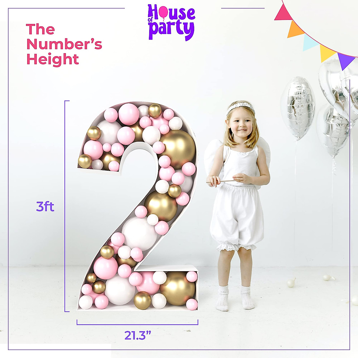 HOUSE OF PARTY 3FT Mosaic Numbers for Balloons- Marquee Numbers Pre-Cut Light Up Balloon Number Frame, Mosaic Cardboard Numbers 2 for 12th 20th 21st Birthday, Anniversary, Graduation Party Decorations