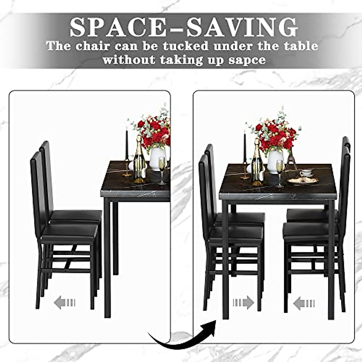 Hooseng Dining Table Set for 4, Space Saving Kitchen Table and Chairs for 4, Modern Style Faux Marble Tabletop & 4 PU Leather Chairs, Perfect for Dining Room,Breakfast Corner Small Spaces,Black