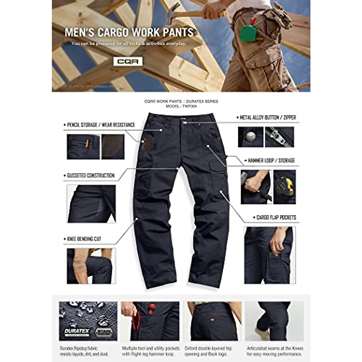 CQR Men's Ripstop Work Pants, Water Resistant Tactical Pants, Outdoor Utility Operator EDC Straight/Cargo Pants, Work Cargo Police Navy, 34W x 32L