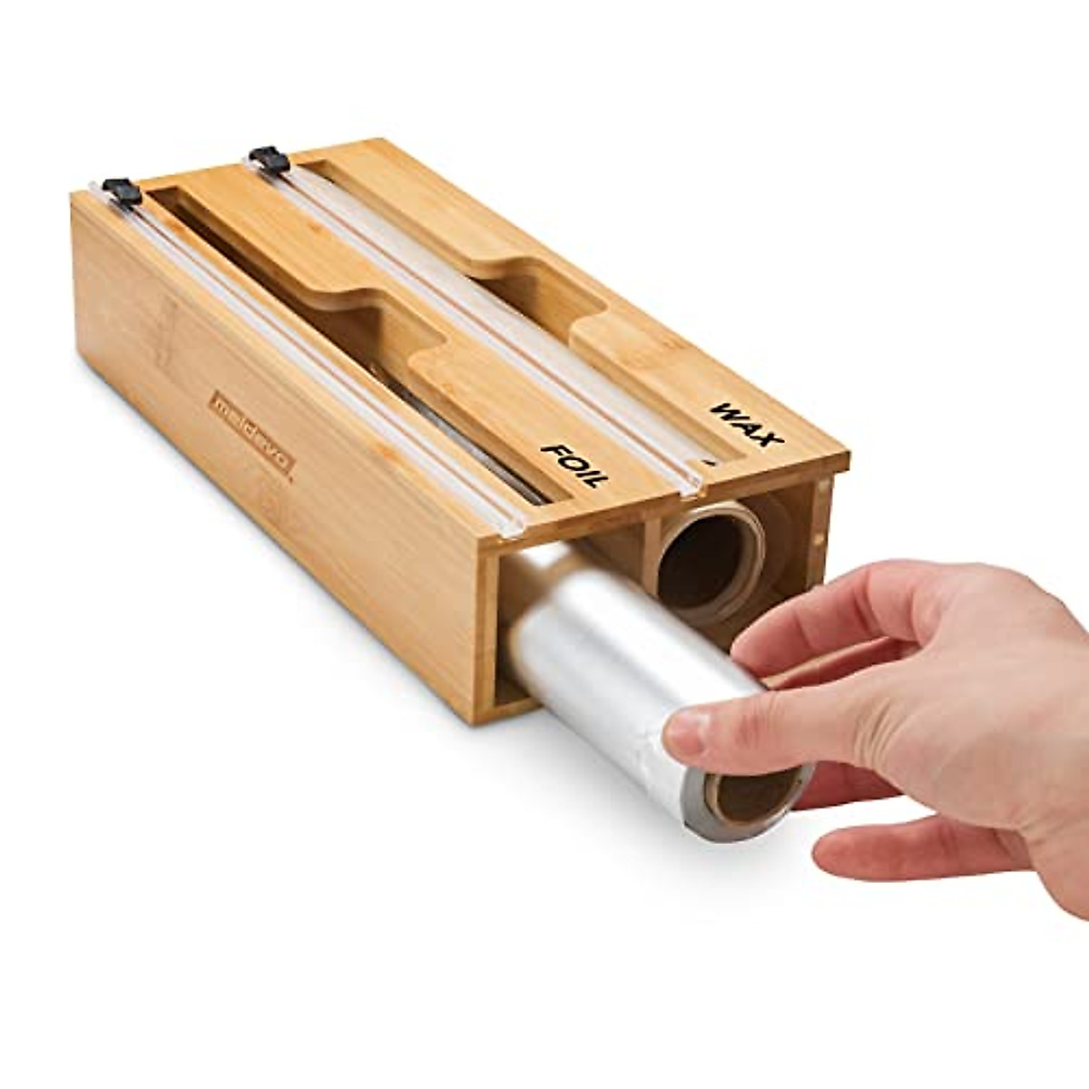 2 in 1 Wrap Dispenser with Cutter and Labels, Plastic Wrap, Aluminum Foil and Wax Paper Dispenser for Kitchen Drawer, Bamboo Roll Organizer Holder, Compatible with 12" Roll