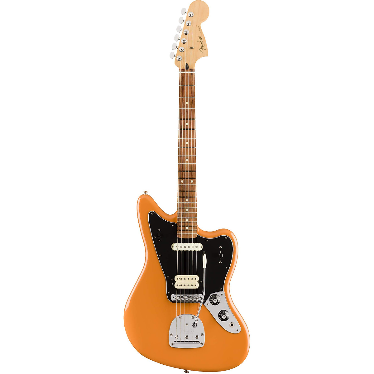 Fender Player Jaguar - Capri Orange Bundle with Hard Case, Cable, Tuner, Strap, Strings, Picks, Capo, Fender Play Online Lessons, and Austin Bazaar Instructional DVD