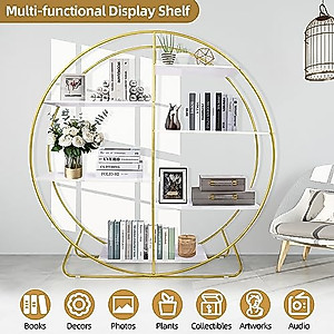 KNIGHTCRAFT White and Gold Bookshelf Circular Office Bookshelves 57" Tall Arched Book Shelves Open Etagere Bookcase Large Round Book Shelf for Living Room Modern Home Furniture