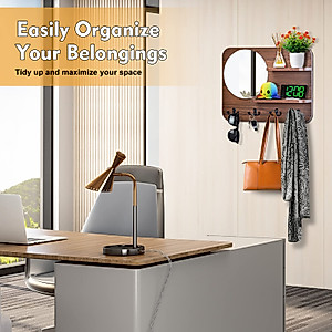 YeadCedle Coat Rack with Shelf Rustic Wooden Wall Mounted Hanging Coat Rack with Mirror Shelf and 4 Double Hooks Decorative Entryway Hook Shelf for Hallway Living Room Bedroom 16"x12" (Brown S)