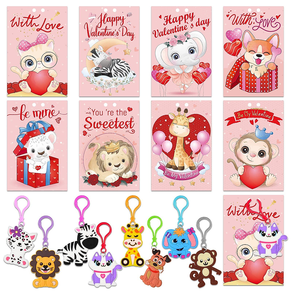 64 Valentines Day Cards with Animal Key Chains, Valentines Exchange Gifts Pendant Greeting Cards for Kids Teacher Prizes Activity Farmland Classroom Party Favors Decorations
