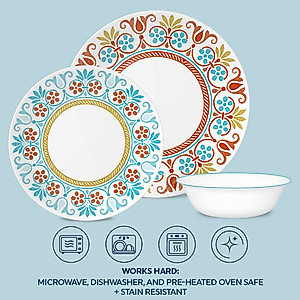 Corelle Global Collection Vitrelle 12-Piece Dinnerware Set, Triple Layer Recycled Glass, Lightweight Eco-Friendly Round Plates and Bowls Set, Terracotta Dreams