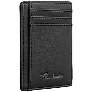 Travelambo Front Pocket Minimalist Leather Slim Wallet RFID Blocking Medium Size(Black Delux)