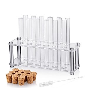 Ackers Science 12Pcs 16×150mm(23ml) Glass Test Tubes with Cork Stoppers|1 Rack of Acrylic Material