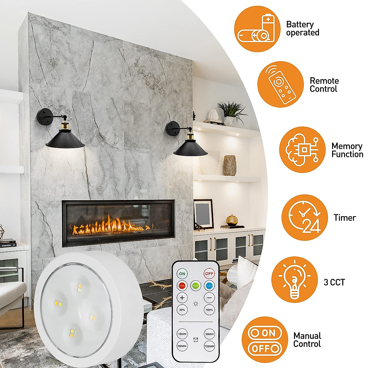 LABOREDUCER Battery Operated Wall Sconces Set of 2,Black Wireless Sconces Wall Lighting with Remote,Flexible Battery Wall Lamps,Wall Mounted Lights for Bedroom, Living Room, Hallway