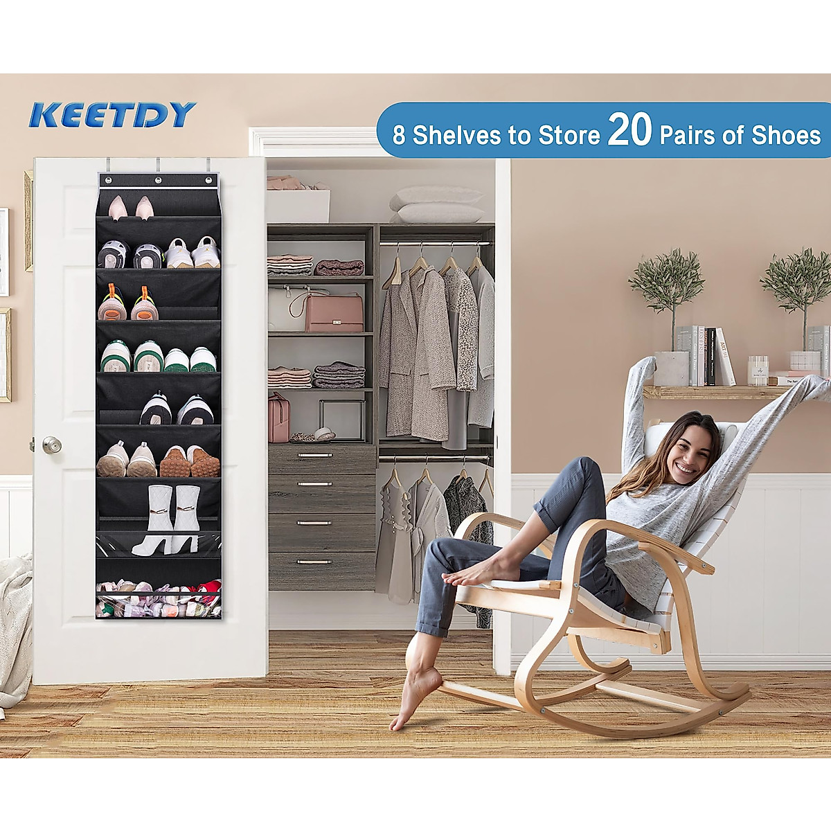 KEETDY Over the Door Shoe Rack for Door Fit 20 Pairs Sneakers Large Hanging Shoe Organizer for Closet Door Storage Boots, Black