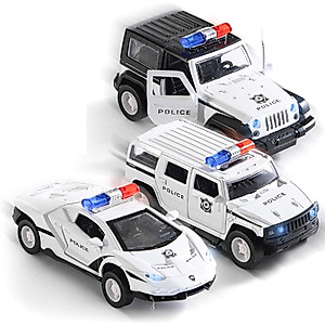 Top Race Metal Die cast Police Cars Pull Back Battery Powered with Led Headlights Police Truck and Sirens 1:32 Scale Set of 3 - Die Cast Metal Toy Cars Hot Wheels Police Cars