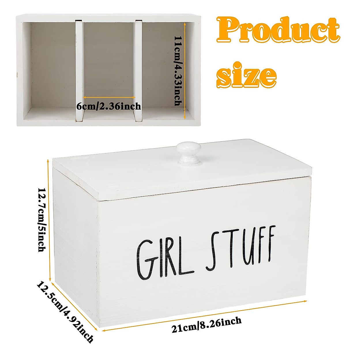 Farmhouse Bathroom Organizer Tampon Storage Container for Bathroom Decorative Countertop Organizer Storage Box Wood Movable Partition Feminine Product Organizer with Lid for Cosmetics (Blank Style)