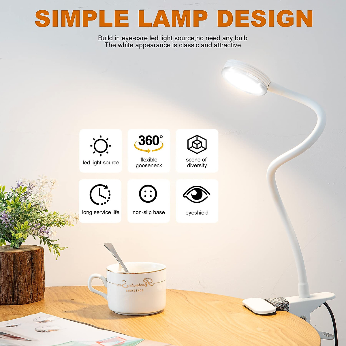 Clip on Desk Lamp for Home Office,Aluminum Reading Light for Books in Bed,Dimmable 360° Adjustable Gooseneck Small Desk Lamp,White USB Powered Eye Friendly Clamp Night Light