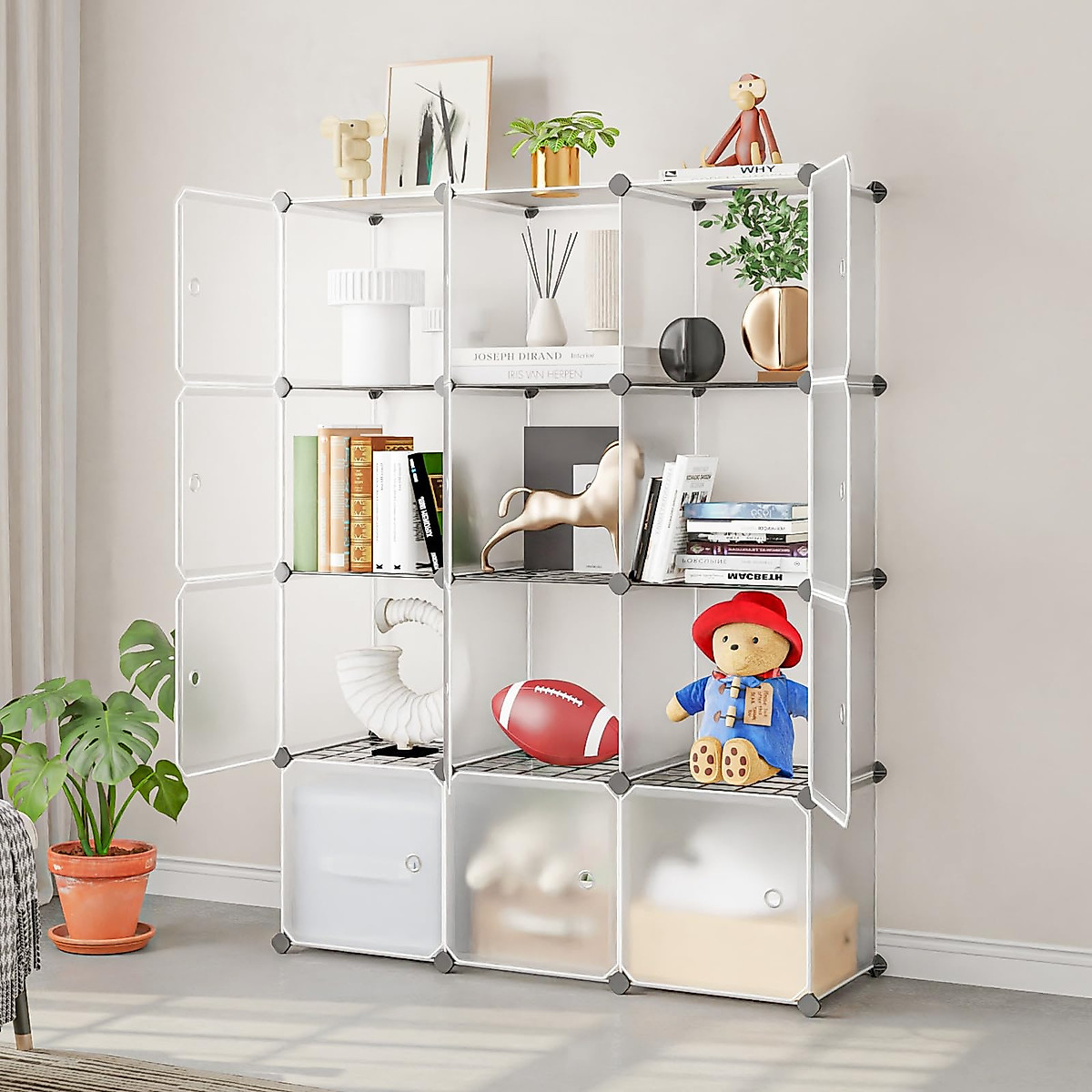 MAGINELS Cube Storage Organizer,12-Cubes Shelf Unit with Door and Metal Mesh. Large Capacity Storage Books,Toy and Clothes Organizers Cabinet. Ideal for Home, Bedroom,Office, Bookroom,White(14x14inch)