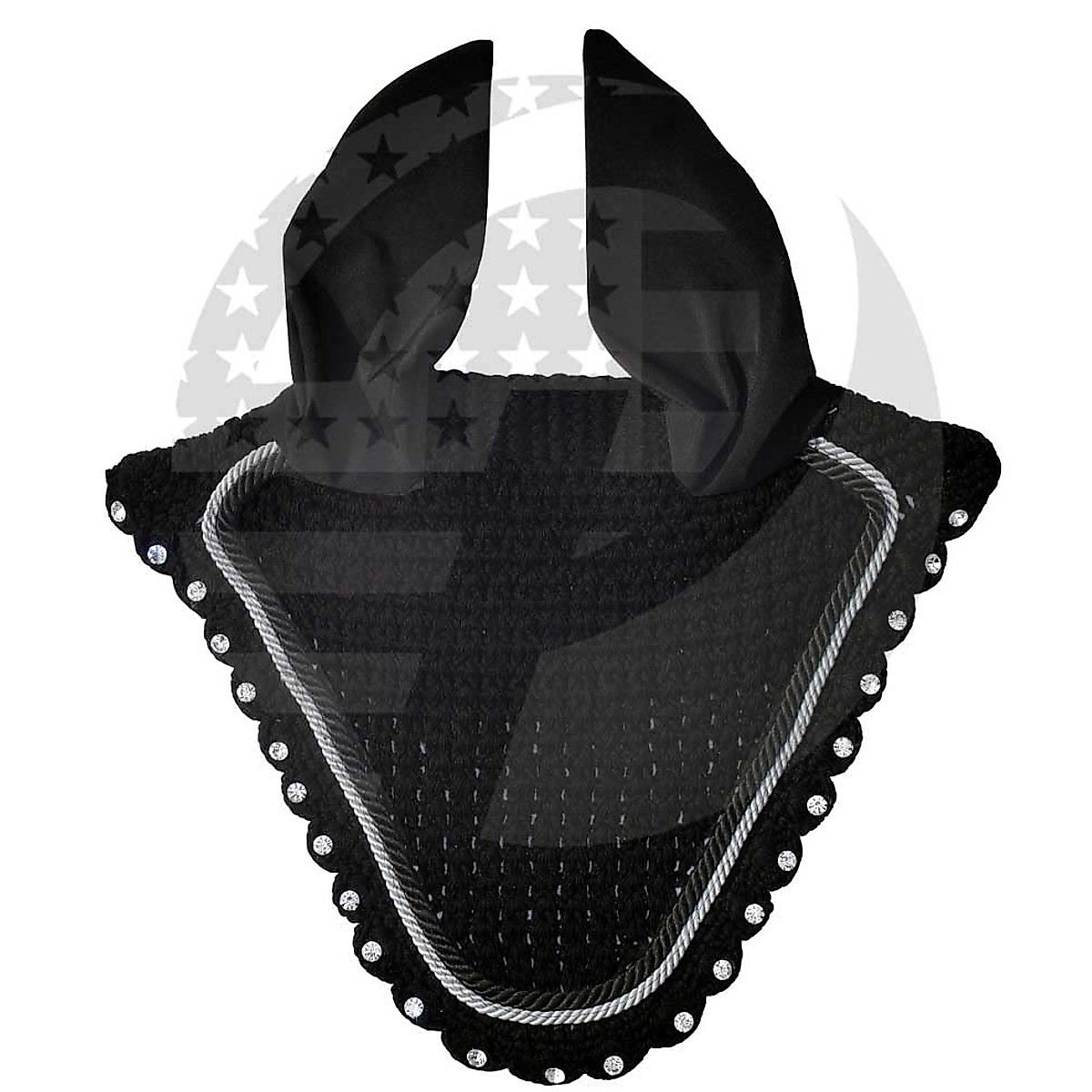 Crystal Horse Fly Bonnet 15 Colors Double Piping Ear Net Fly Veil Mask Breathable Cotton Crochet Tack Equestrian Full Cob Pony (COB, Black)