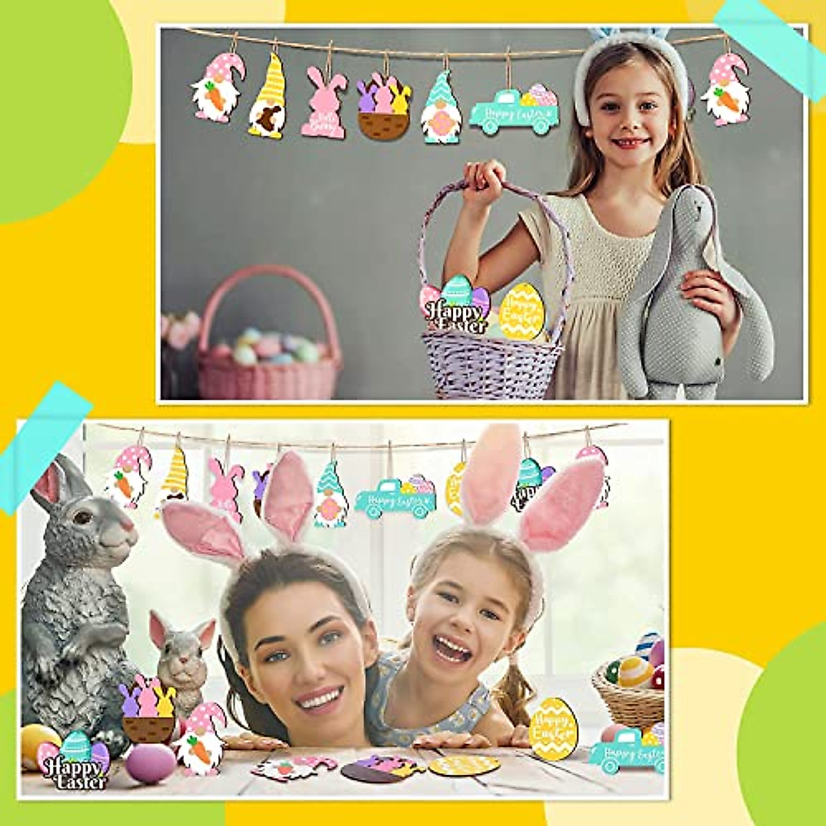 40 Pieces Easter Wooden Ornaments for Tree Happy Easter Egg Gnome Bunny Chick Cutouts Wood Hanging Ornament Spring Easter Wooden Slice Decorations for Party Home Classroom Decor, 20 Styles