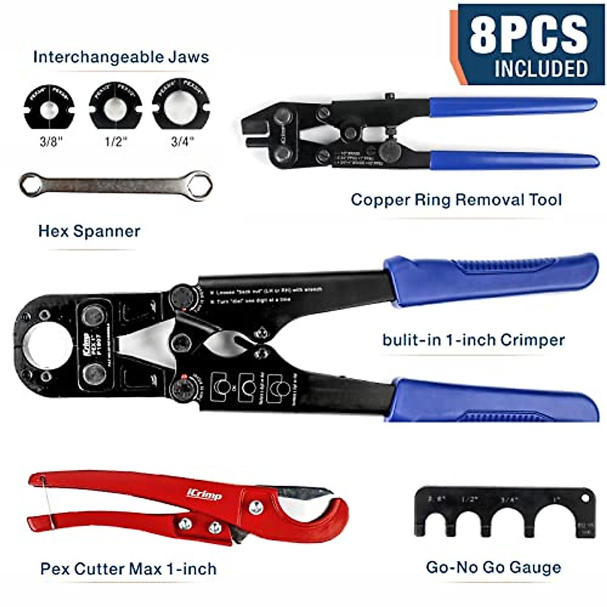 iCrimp F1807 Copper Ring Crimping Tool Kit for 3/8,1/2,3/4,1-inch- Free Removal Tool& Pex Pipe Cutter&Gauge- For All US F1807 Standards