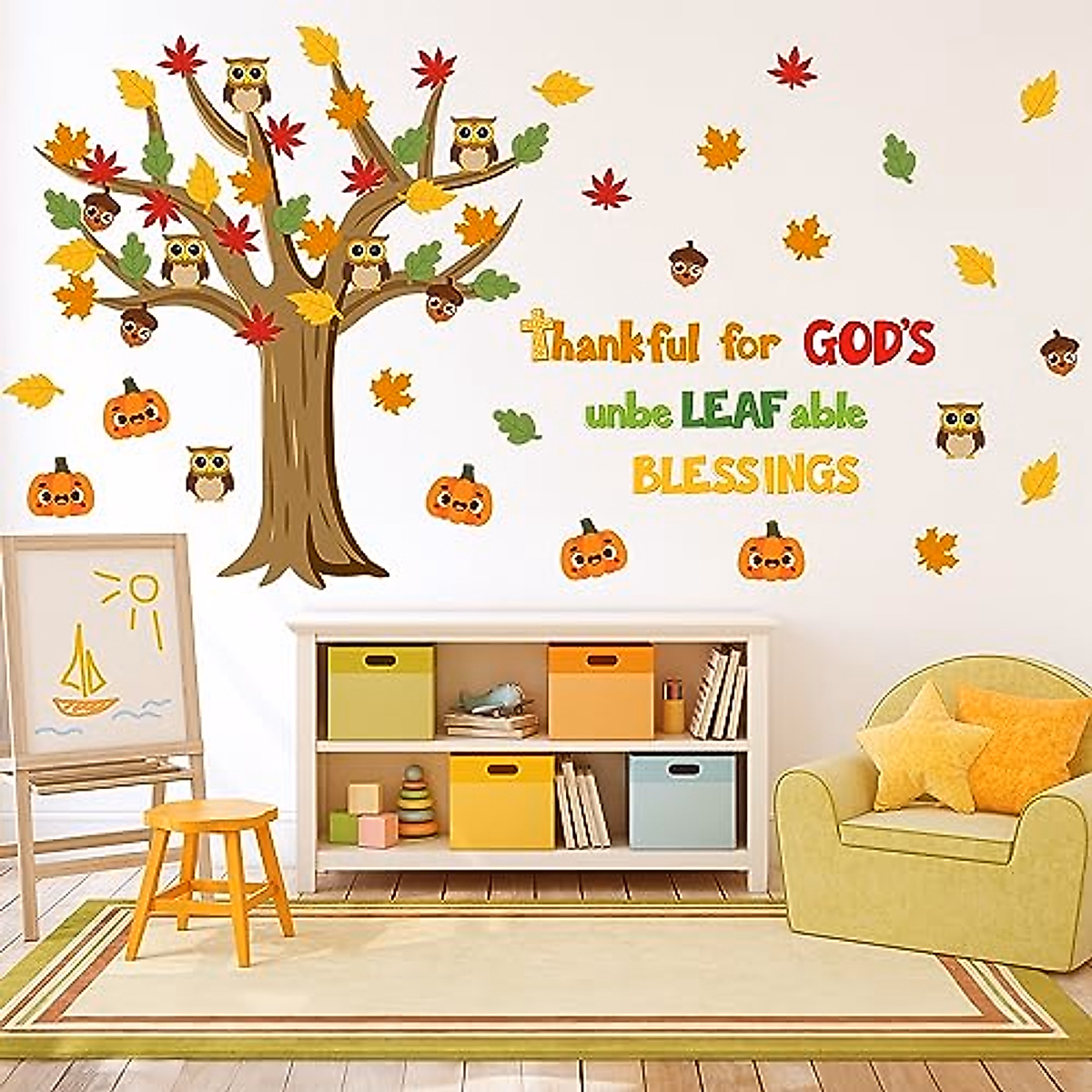 CY2SIDE 80PCS Fall Thankful for God’s Unbeleafable Blessings Cutouts for Bulletin Board Border Sets Maple Leaves Pumpkin Thankful Trees Cutout Trim Borders Religious Sunday School Bulletin Board Decor