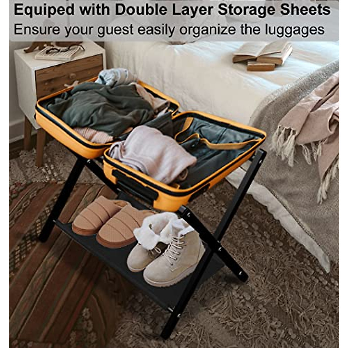 Fandature Folding Luggage Rack for Guest Room, Metal Foldable Suitcase Stand Holder with Colth Shelf for Bedroom, Black, 1pack