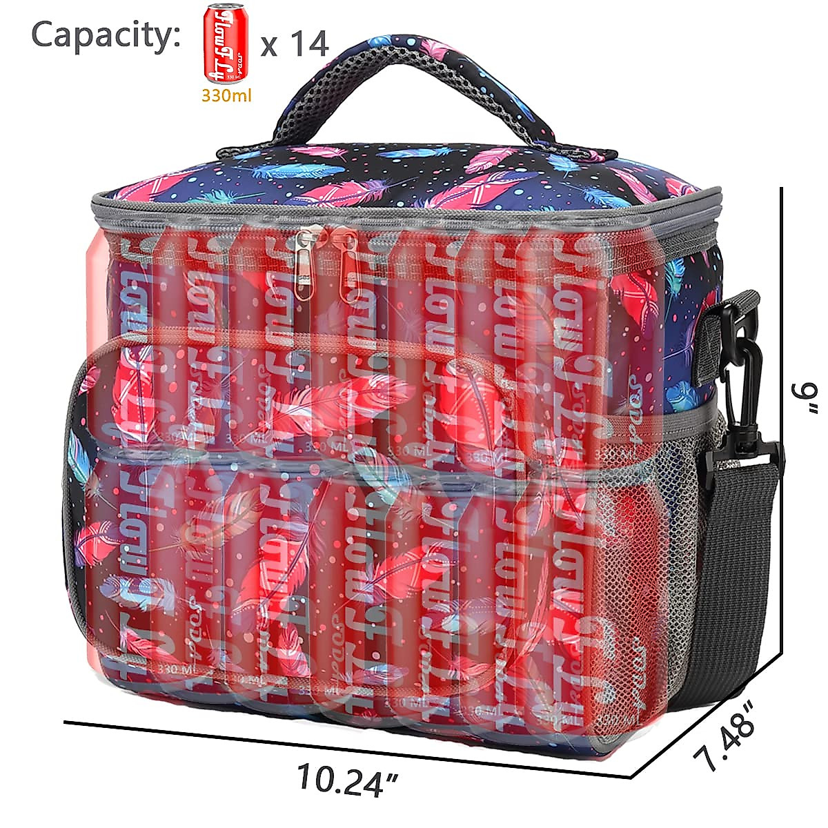 FlowFly Insulated Reusable Lunch Bag Adult Large Lunch Box for Women and Men with Adjustable Shoulder Strap,Front Zipper Pocket and Dual Large Mesh Side Pockets,Feather