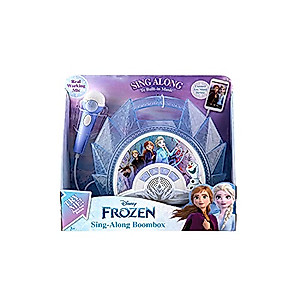 eKids Frozen Sing Along Boom Box Speaker with Microphone for Fans of Frozen Toys for Girls, Kids Karaoke Machine with Built in Music and Flashing Lights , Blue, 3.5mm Audio Jack