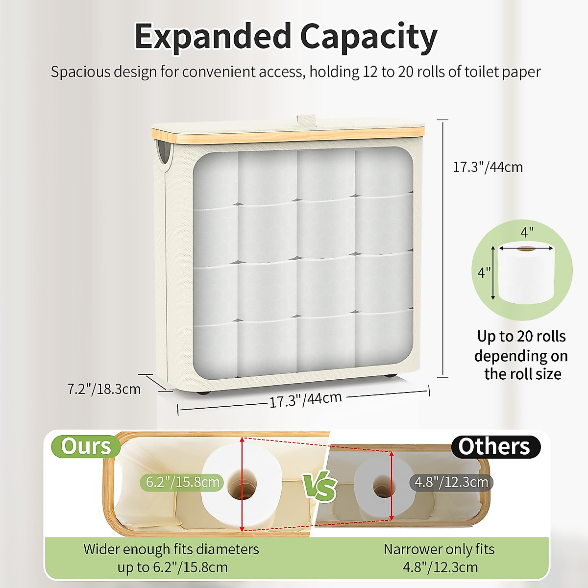 Toilet Paper Storage, 32L Large Toilet Paper Basket Organizer for Bathroom, Toilet Paper Storage Holder Stand with Lid, Footbase, Handle-Beige
